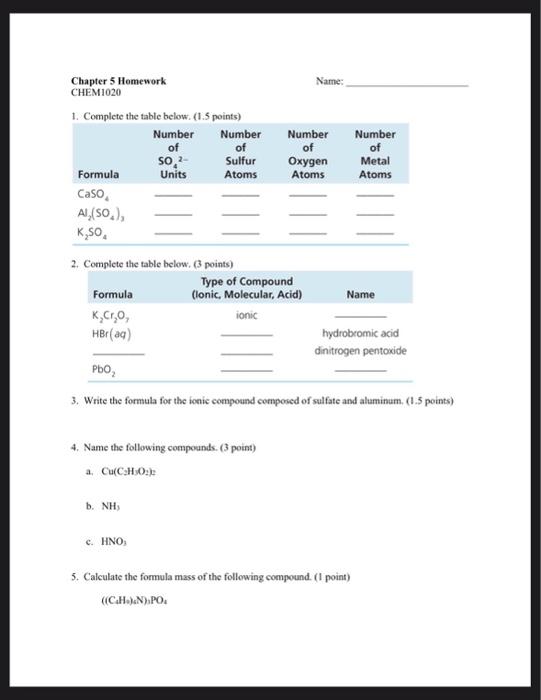 Solved Chapter 5 Homework Name: CHEM1020 1. Complete the | Chegg.com