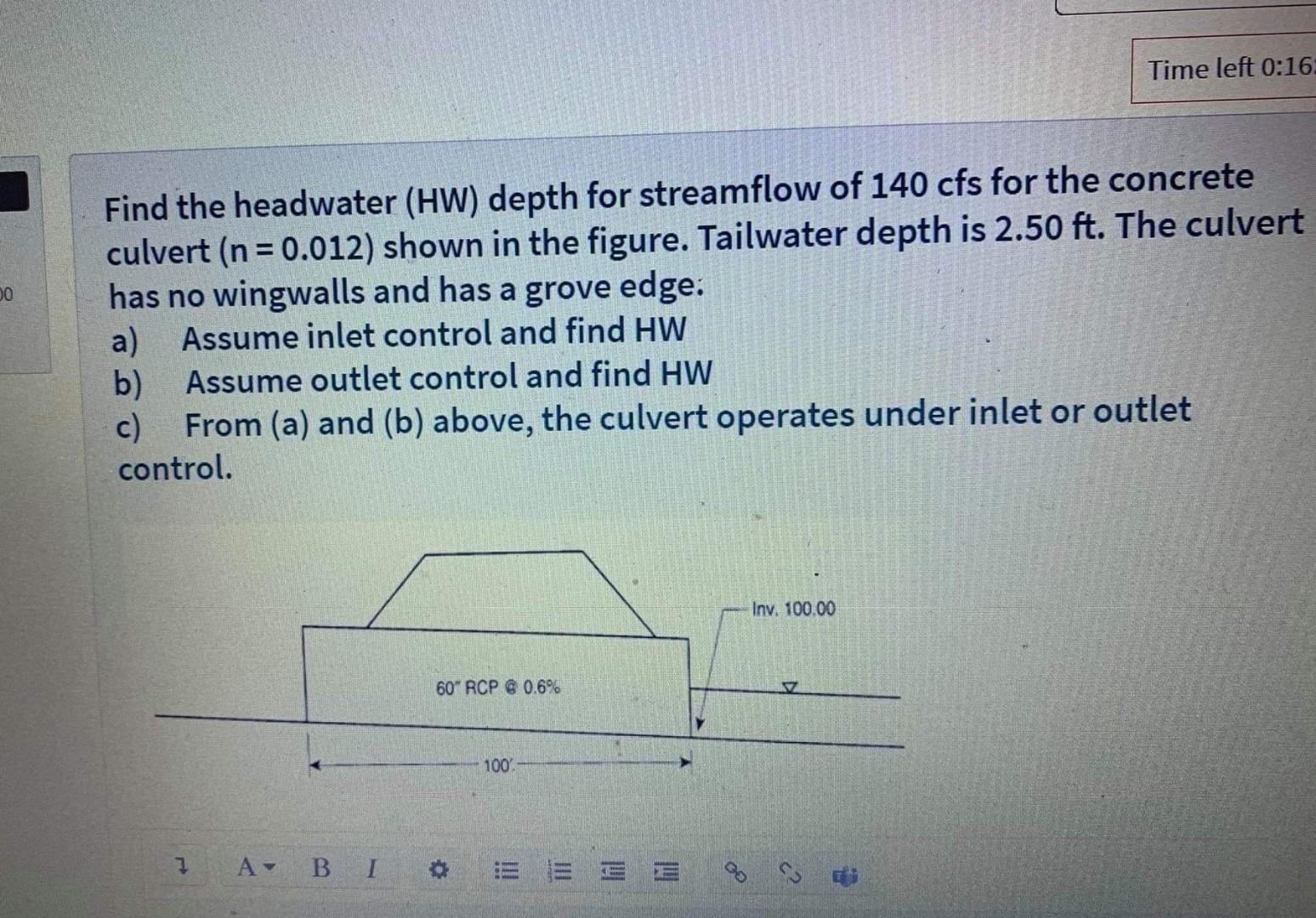 Solved Time left 0:16: 00 Find the headwater (HW) depth for | Chegg.com