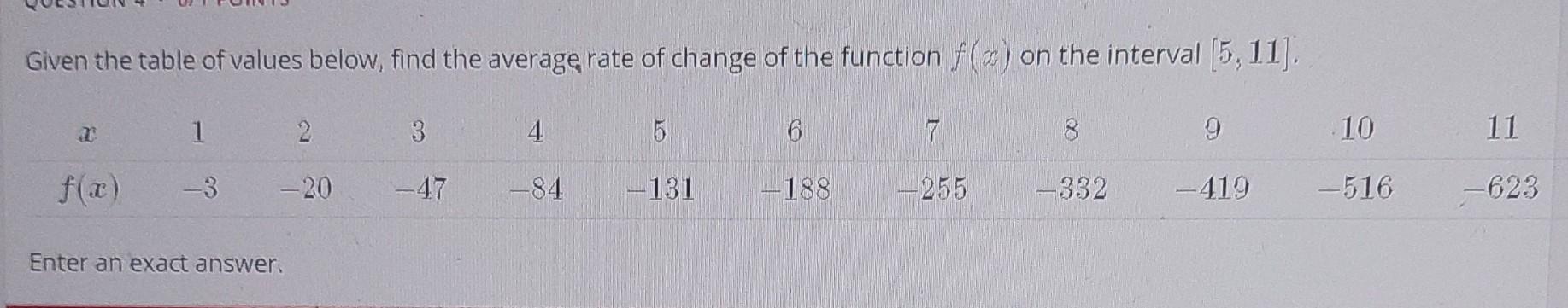 Solved Given the table of values below, find the average, | Chegg.com