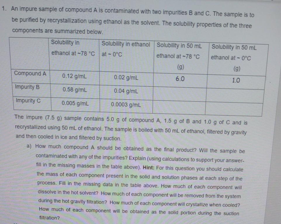 Solved 1. An impure sample of compound A is contaminated | Chegg.com