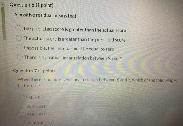 Solved Question 6 (1 point) A positive residual means that: | Chegg.com