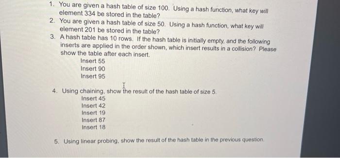 Solved 1. You are given a hash table of size 100. Using a | Chegg.com
