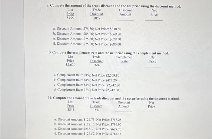 Solved 9. Compute the amount of the trade discount and the | Chegg.com