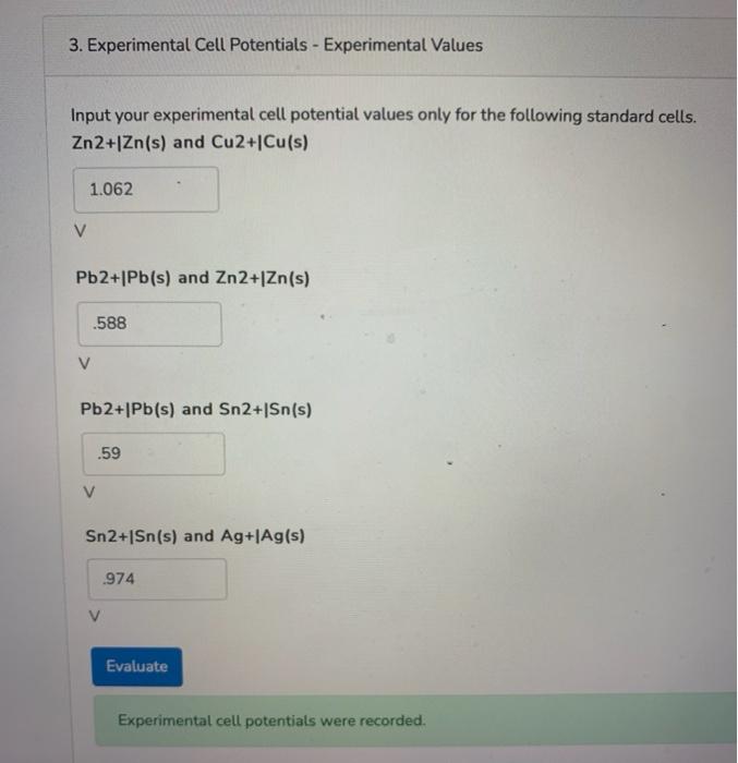 Solved 3. Experimental Cell Potentials - Experimental Values | Chegg.com