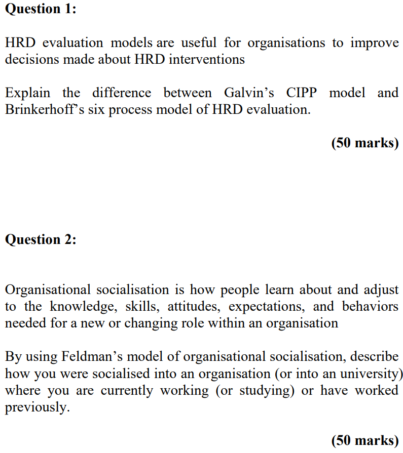 Solved Question 1:HRD evaluation models are useful for | Chegg.com