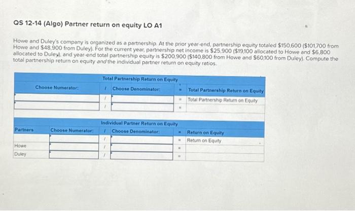 Solved QS 12-14 (Algo) Partner return on equity LO A1 Howe | Chegg.com