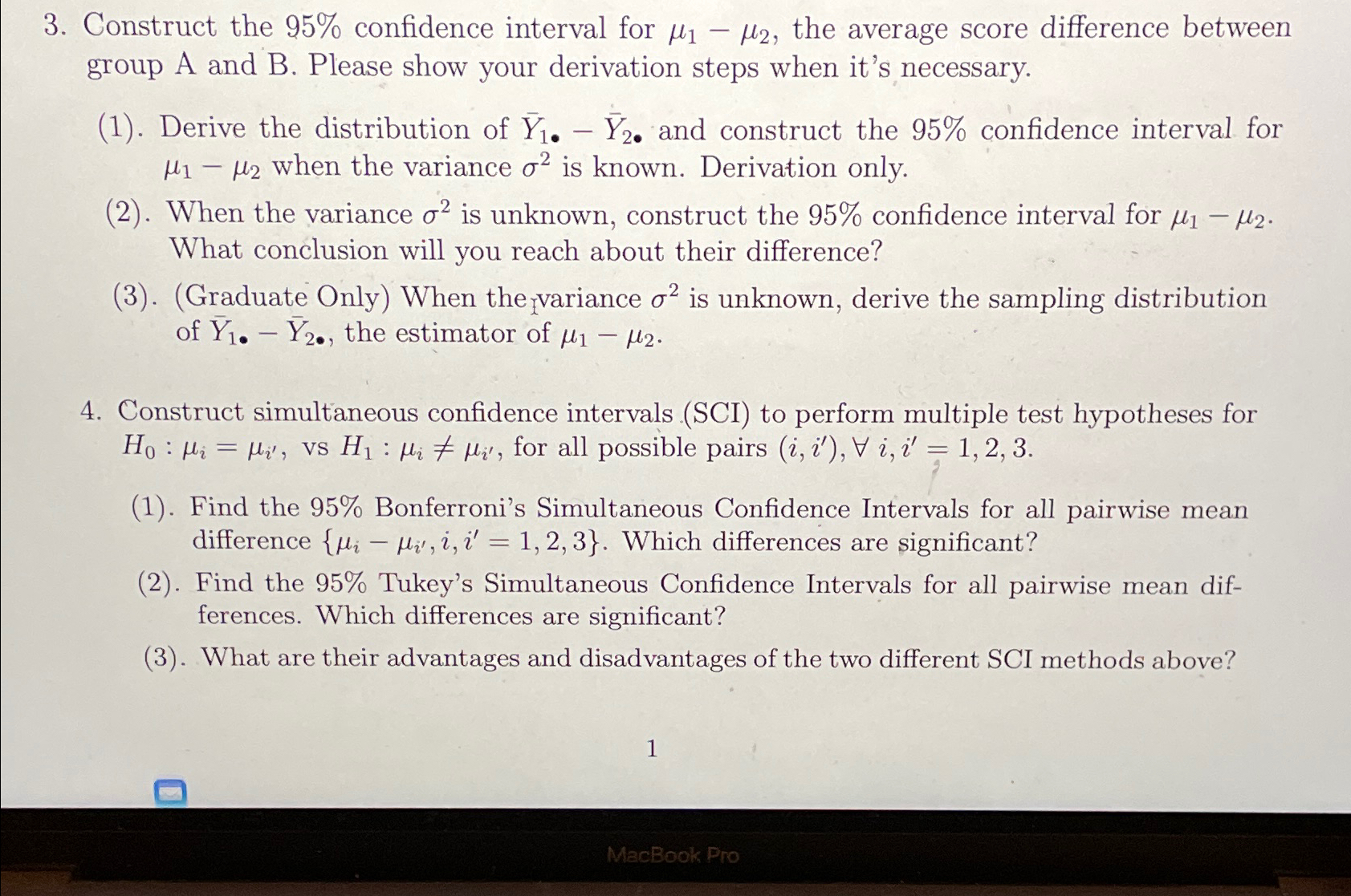 Construct the 95% ﻿confidence interval for μ1-μ2, | Chegg.com