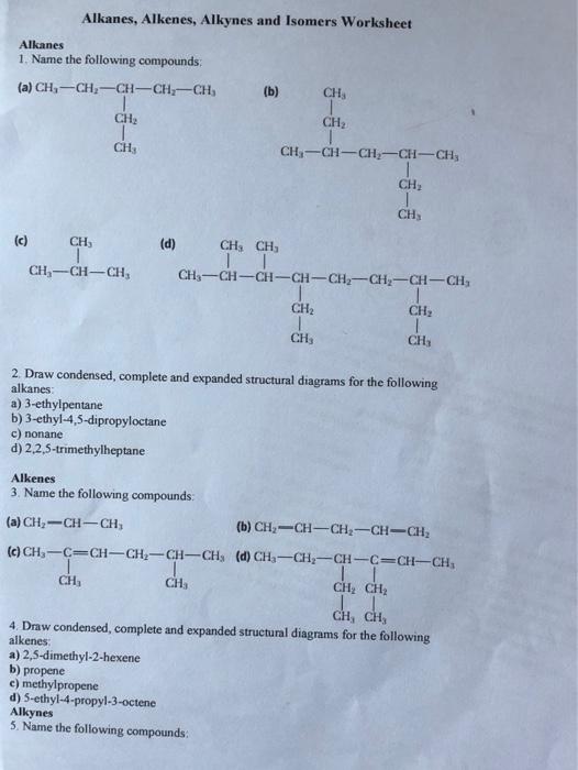 Solved Alkanes, Alkenes, Alkynes and Isomers Worksheet | Chegg.com