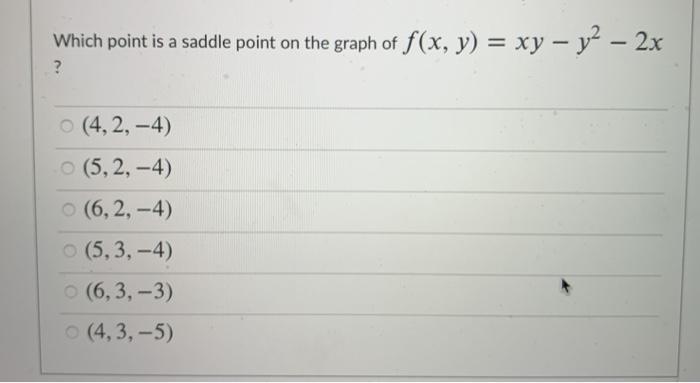 Solved Which point is a saddle point on the graph of f(x, y) | Chegg.com