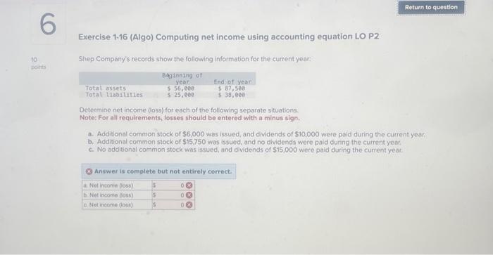 Solved 6 10 points Exercise 1-16 (Algo) Computing net income | Chegg.com