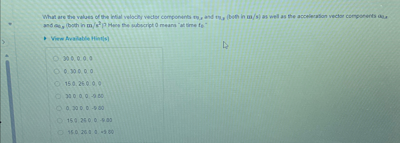 What are the values of the intial velocity vector | Chegg.com