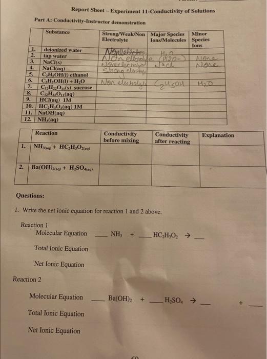 Solved Report Sheet - Experiment 11-Conductivity of | Chegg.com