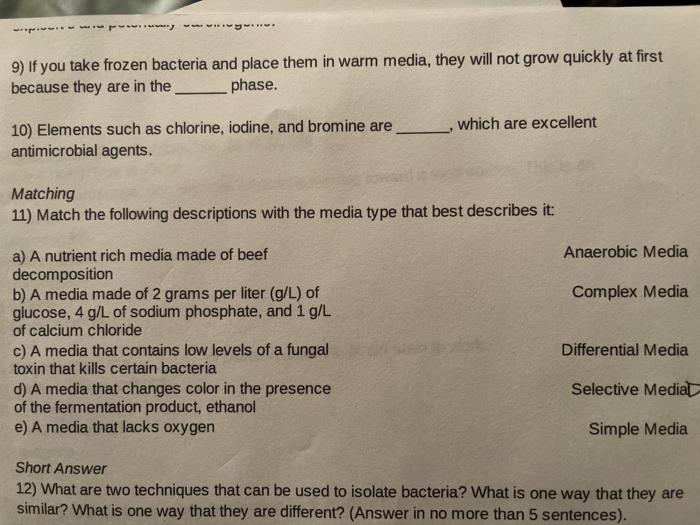 Solved www. 9) If you take frozen bacteria and place them in | Chegg.com