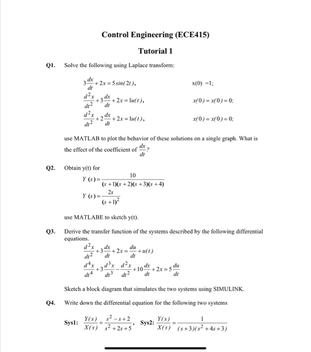 Solved Control Engineering (ECE415) Tutorial 1 Q1. Solve the | Chegg.com