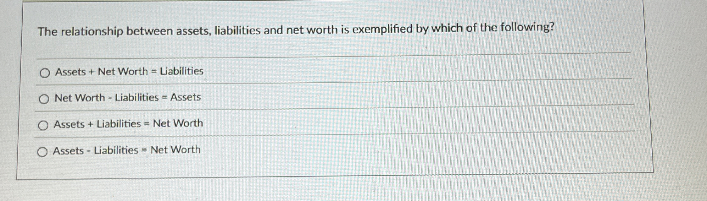 Solved The relationship between assets, liabilities and net | Chegg.com