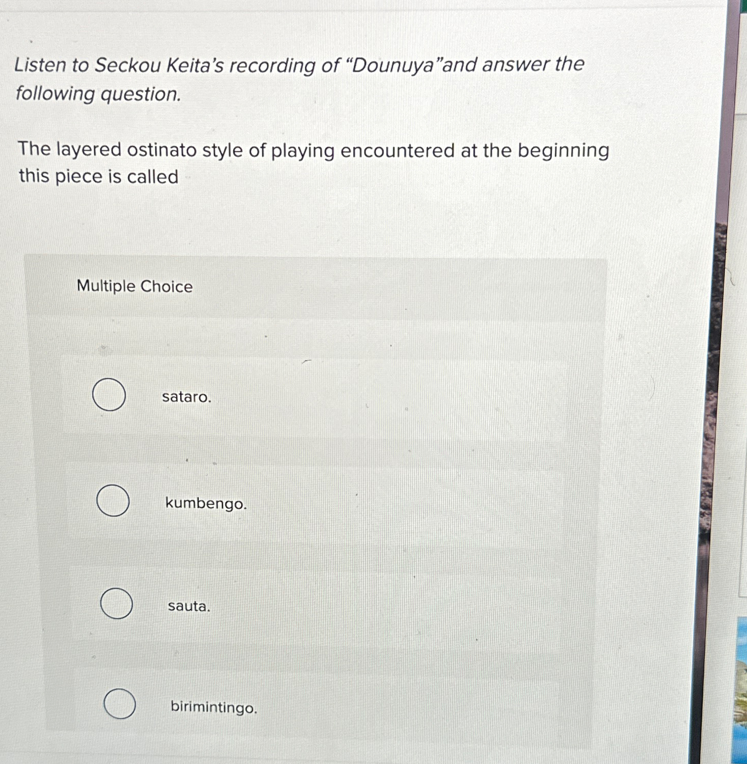 Solved Listen to Seckou Keita's recording of "Dounuya" and | Chegg.com