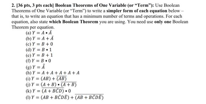 Solved 2. [36 pts, 3 pts each] Boolean Theorems of One | Chegg.com