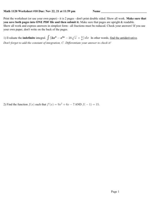 Solved Name Math 1120 Worksheet #10 Due: Nov 22, 21 at 11:59 | Chegg.com