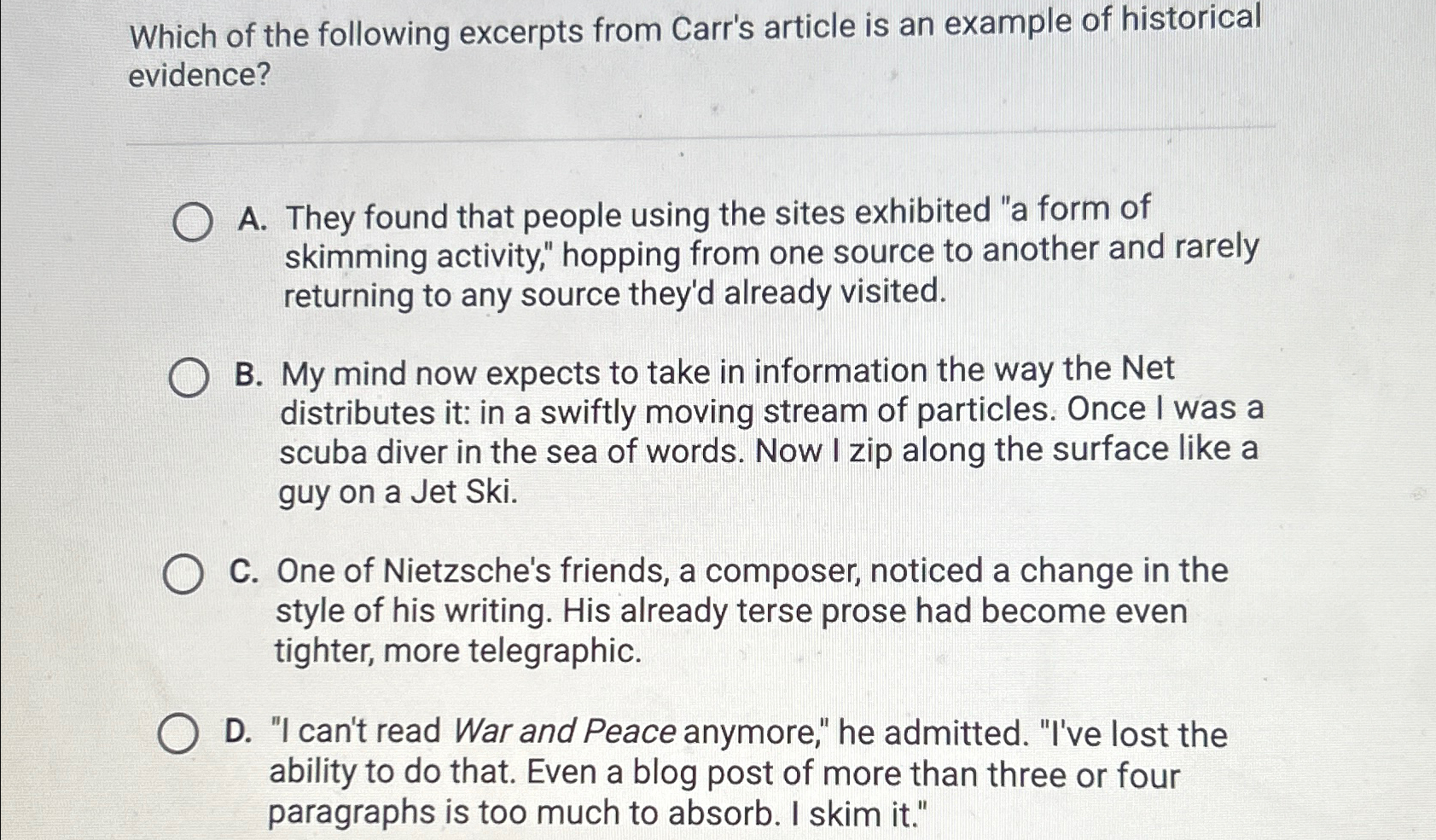 Solved Which of the following excerpts from Carr's article | Chegg.com