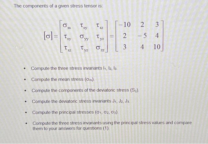Solved The components of a given stress tensor is: | Chegg.com