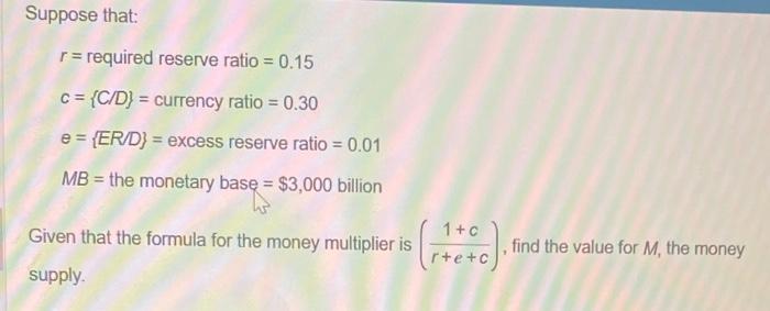 Solved Suppose that: r= required reserve ratio =0.15c={C/D}= | Chegg.com