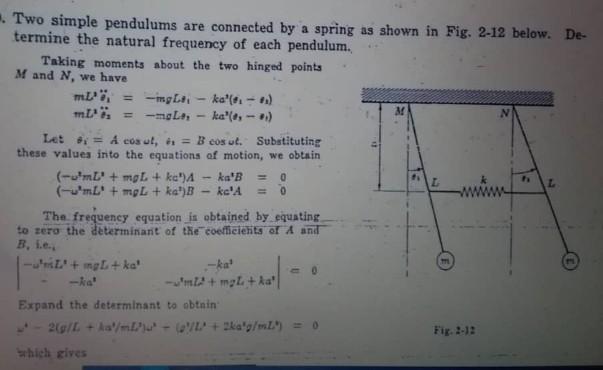 Solved = 0 Two simple pendulums are connected by a spring as | Chegg.com