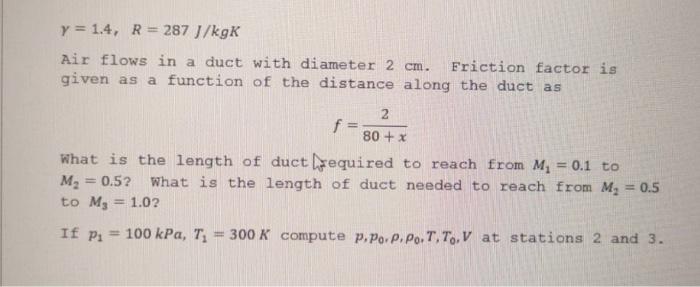 Solved γ=1.4,R=287 J/kgK Air flows in a duct with diameter 2 | Chegg.com