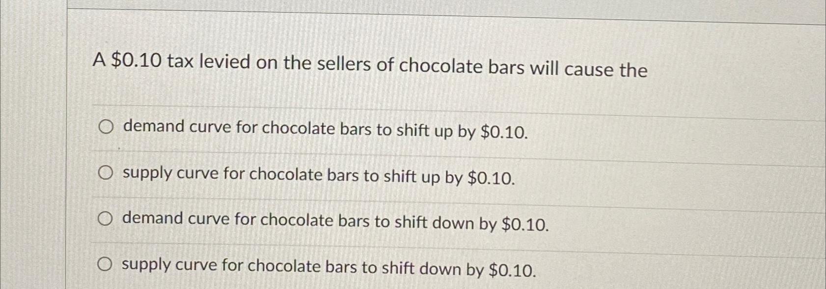 Solved A $0.10 ﻿tax levied on the sellers of chocolate bars | Chegg.com