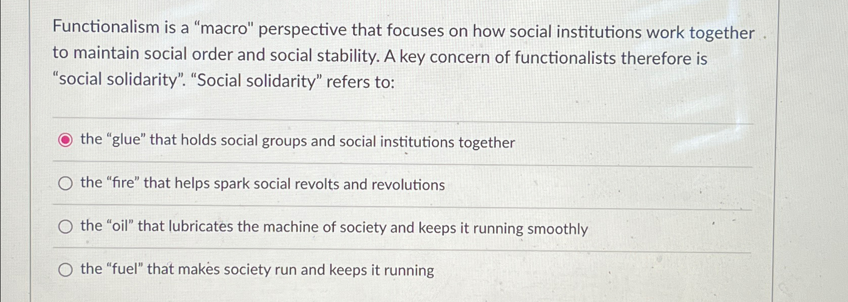 Solved Functionalism is a "macro" perspective that focuses | Chegg.com