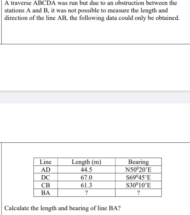Solved A traverse ABCDA was run but due to an obstruction | Chegg.com