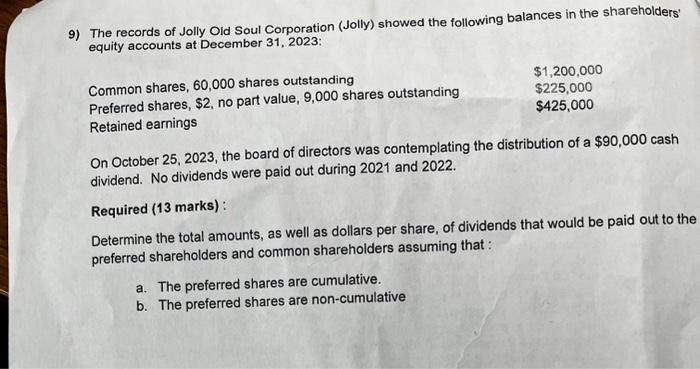 Solved 9) The records of Jolly Old Soul Corporation (Jolly) | Chegg.com