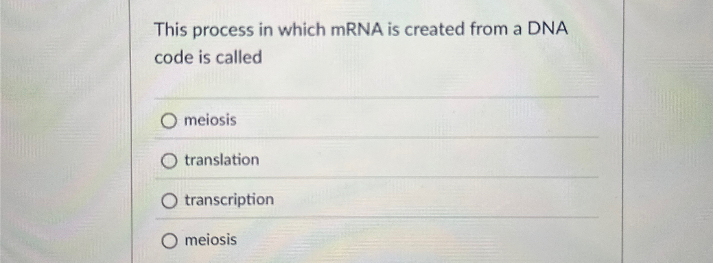 Solved This process in which mRNA is created from a DNAcode | Chegg.com