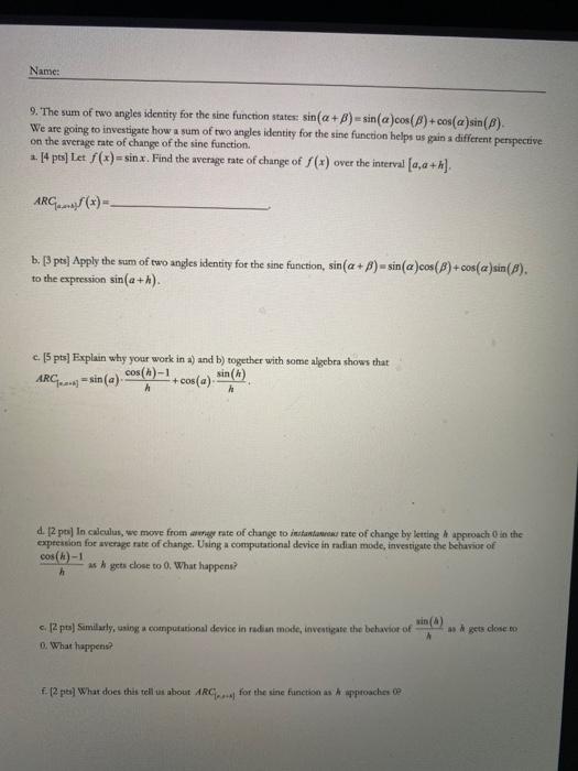 Solved Name: 9. The sum of two angles identity for the sine | Chegg.com