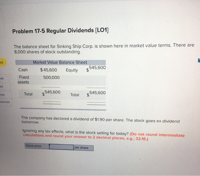 Solved Problem 17-5 Regular Dividends (LO1] The balance | Chegg.com