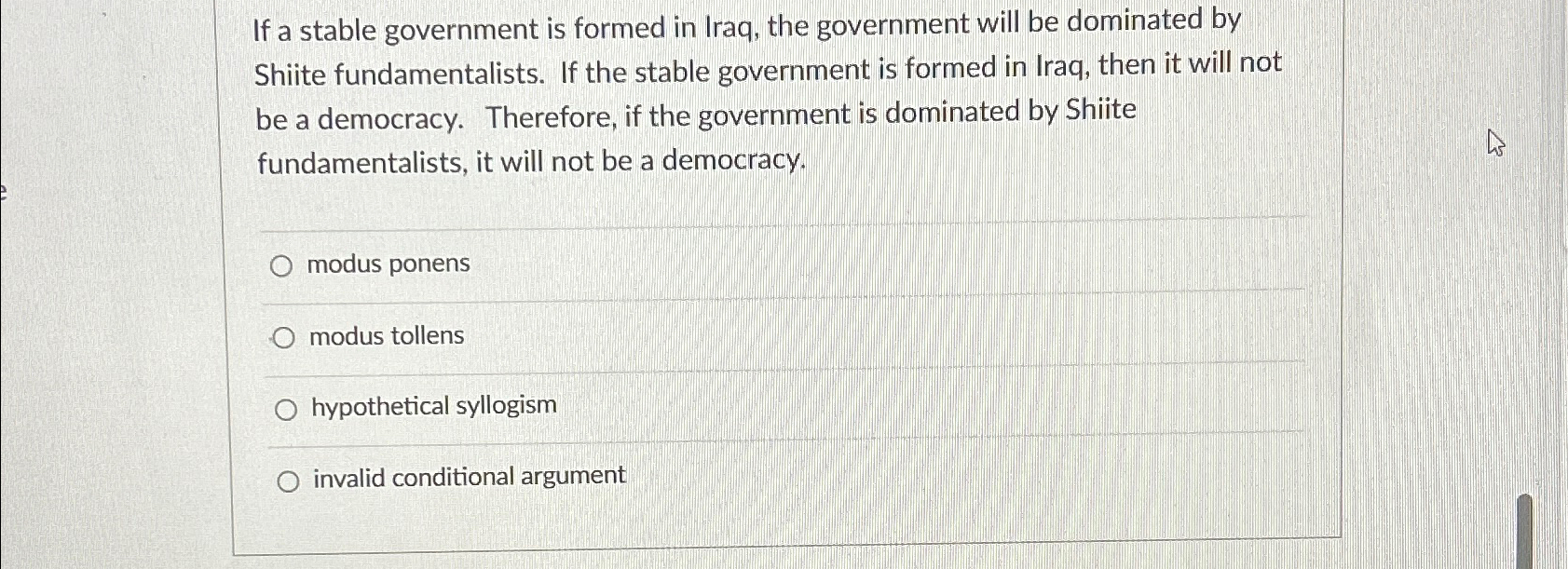 Solved If a stable government is formed in Iraq, the | Chegg.com