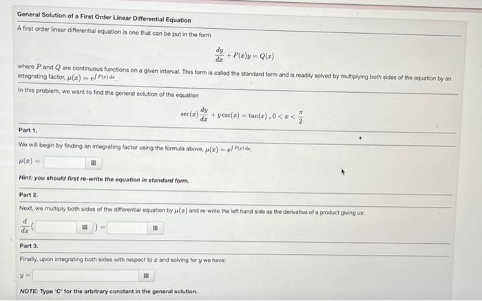 Solved General Solution of a First Order Linear Differential | Chegg.com