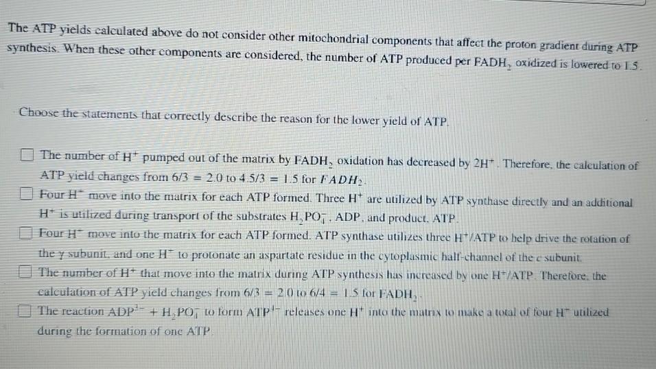 Solved The ATP yields calculated above do not consider other | Chegg.com