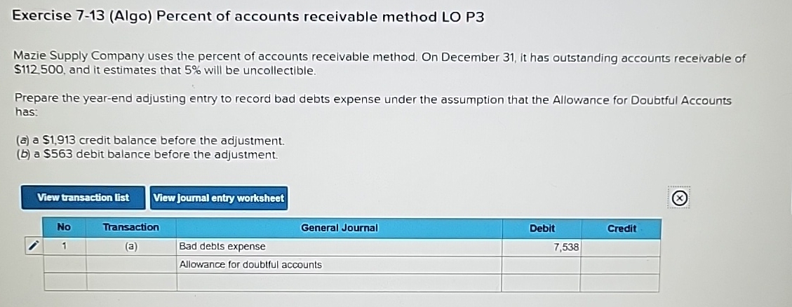 Solved Exercise 7-13 (Algo) ﻿Percent of accounts receivable | Chegg.com