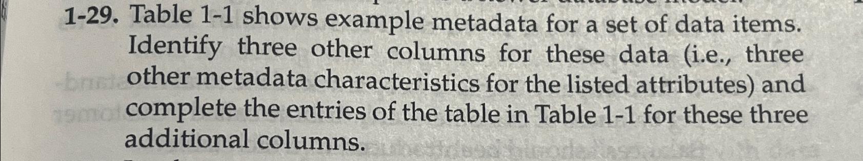 Solved 1-29. ﻿Table 1-1 ﻿shows example metadata for a set of | Chegg.com