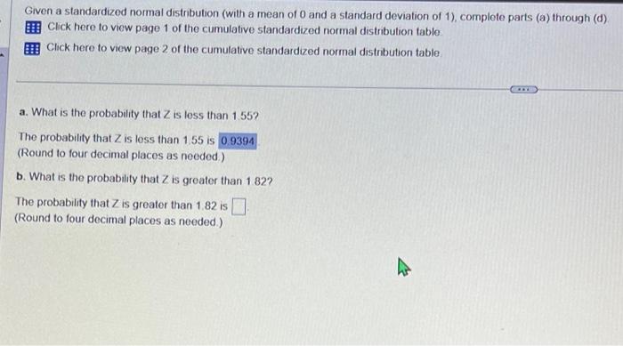 Solved Given a standardized normal distribution (with a mean | Chegg.com
