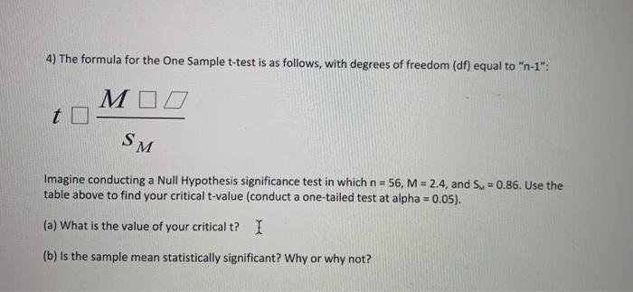 Solved 4) The formula for the One Sample t-test is as | Chegg.com