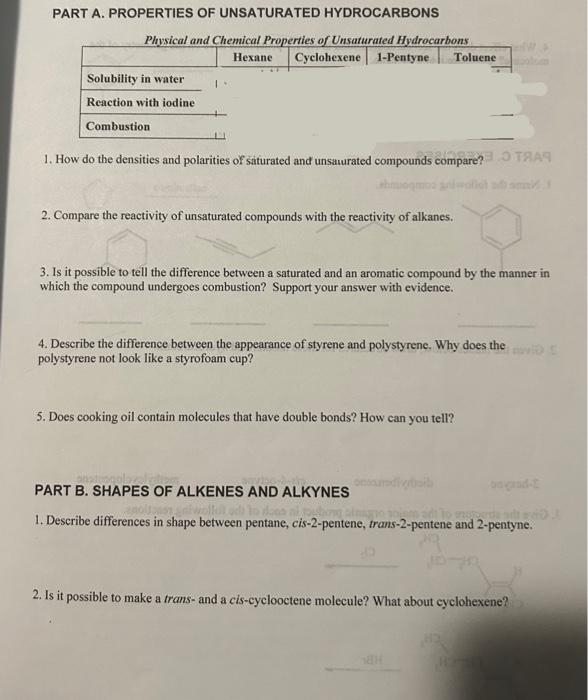 Solved PART A. PROPERTIES OF UNSATURATED HYDROCARBONS 1. How | Chegg.com