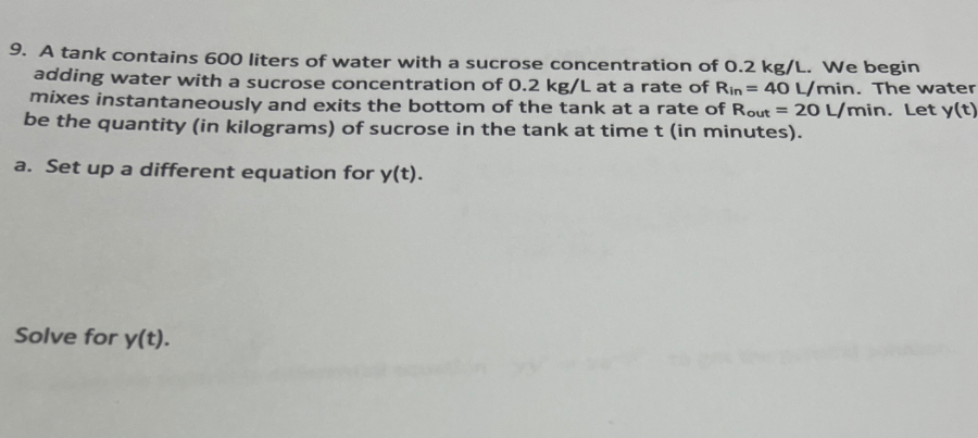 Solved A tank contains 600 ﻿liters of water with a sucrose | Chegg.com