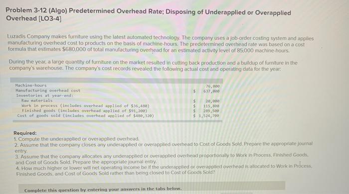Solved Problem 3-12 (Algo) Predetermined Overhead Rate; | Chegg.com