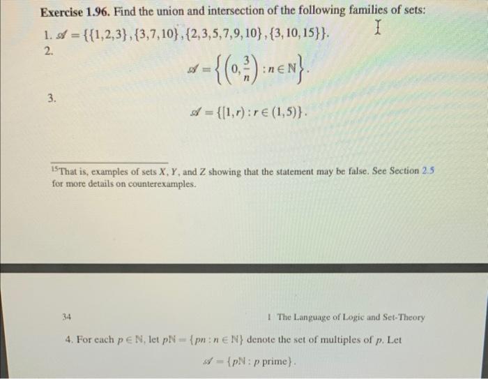 Solved Exercise 1.96. Find the union and intersection of the | Chegg.com