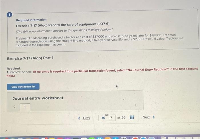 Solved Required information Exercise 7-17 (Algo) Record the | Chegg.com