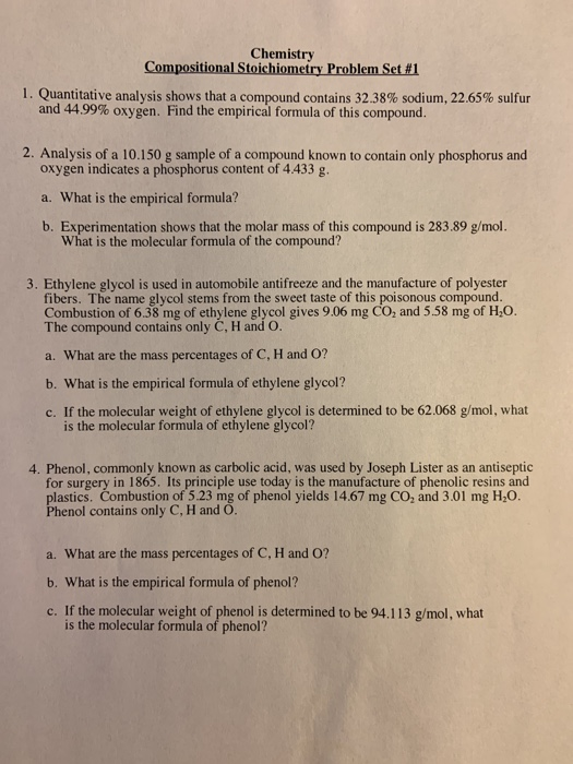 Solved Chemistry Compositional Stoichiometry Problem Set #1 | Chegg.com