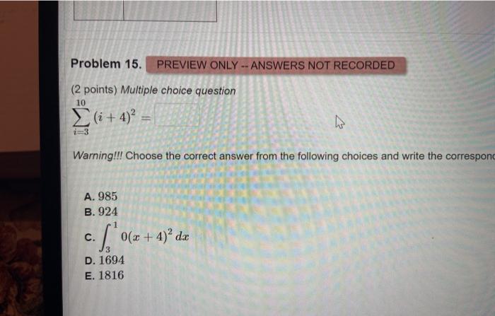 Solved Problem 15. PREVIEW ONLY -- ANSWERS NOT RECORDED (2 | Chegg.com