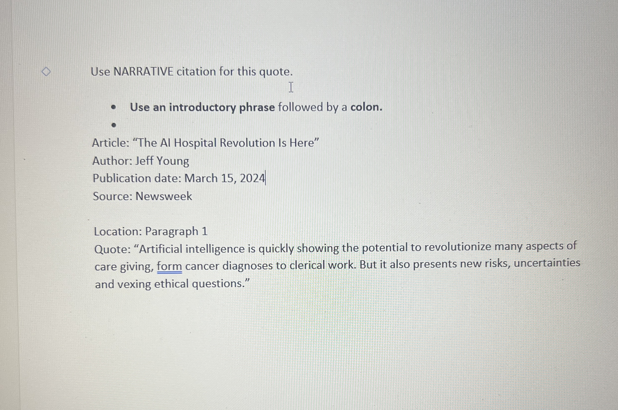 Use NARRATIVE citation for this quote.Use an | Chegg.com