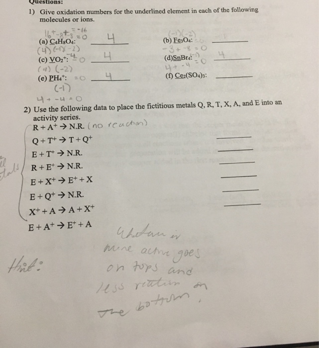 Solved Questions: 1) Give oxidation numbers for the | Chegg.com